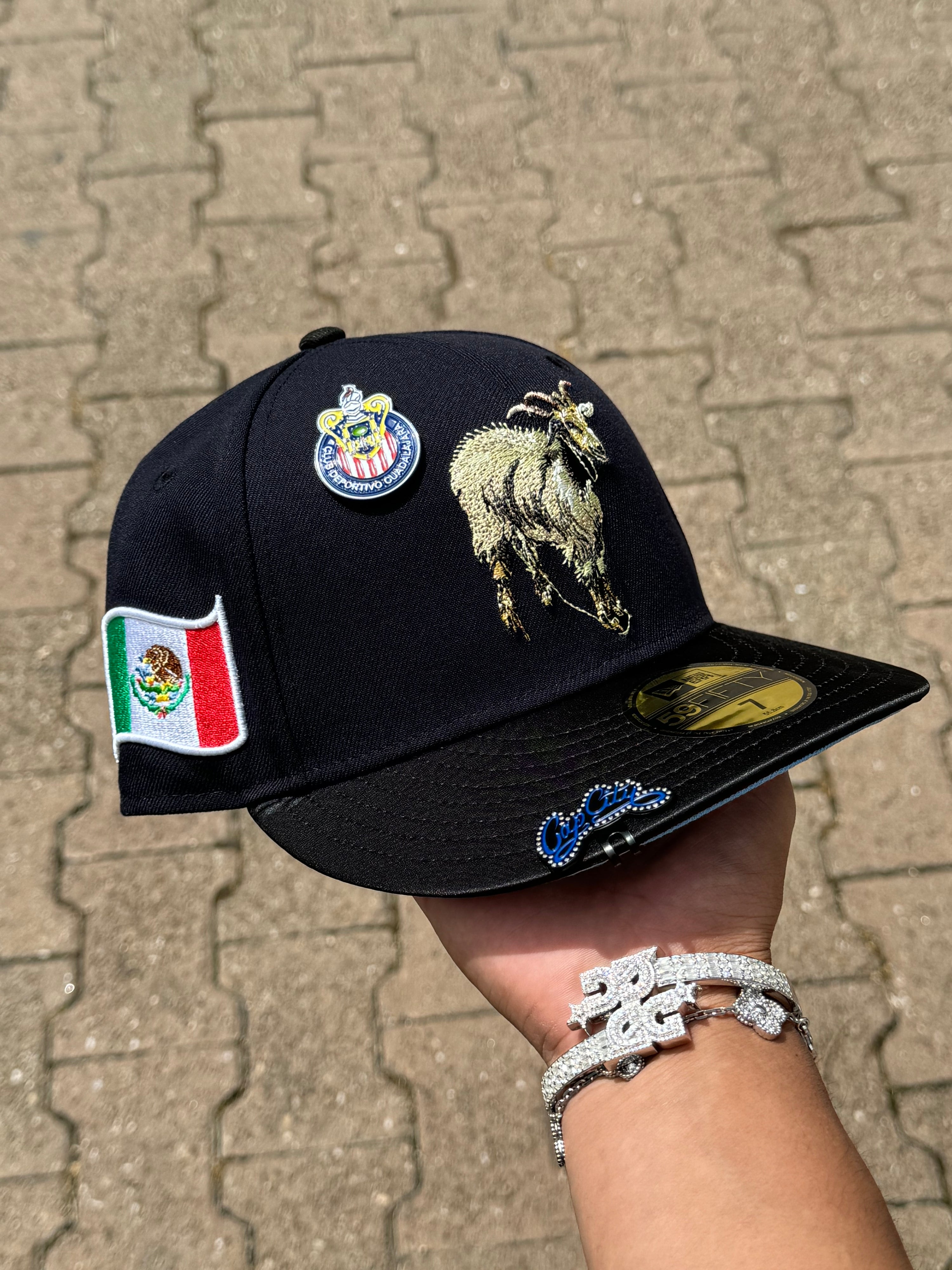 NEW ERA EXCLUSIVE 59FIFTY NAVY/SATIN MEXICO "THE GOAT" W/ MEXICO FLAG